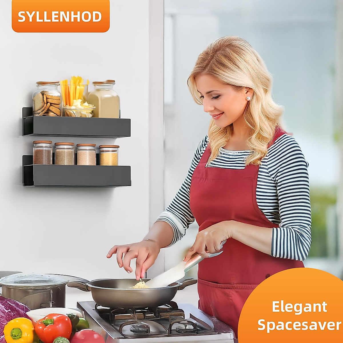 SYLLENHOD Kitchen Spice Rack: 2 Packs Black Adhesive Wall Mount - 11.8" Large Hanging Storage Organizer Cabinet Without Drilling for Smooth Wall - Work Room Bathroom Shelves