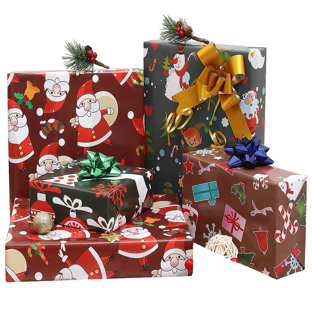 U'COVER Christmas Gift Wrapping Paper for Kids Boys Girls Baby Women Men Xmas Present Wrapping Paper 4 Style Christmas Santa Claus Snoman Tree Snowflake Deer Gift Wrap 12 FOLDED SHEET 20×29inch