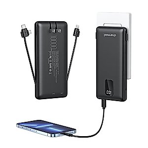 Charmast Portable Charger with Built-in Cables, 10000mah Power Bank, 5 Output Ultra Slim LED Display, Built-in AC Plug, USB C & Micro, Three Cables Integrated Battery Pack for iPhone Samsung iPad