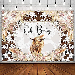 AIBIIN 7x5ft Highland Cow Baby Shower Backdrop Holy Cow Oh Baby Party Decorations for Boys Girls Pink Boho Floral Brown Highland Cattle Farm Photography Background Banner Photo Props