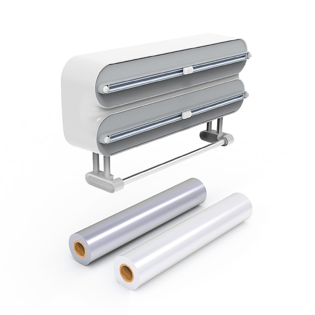 3 in 1 Wrap Organizer with Cutter Includes 2 Rolls of Plastic Wrap and Aluminum Foil Dispenser，Magnetic Paper Towel Holder for Fridge，foil and Plastic wrap Organizer，Magnetic Paper Towel Holder