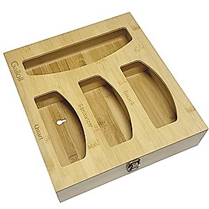 LUDING Ziplock Bag Storage Organizer,Bamboo Ziplock Bag Organizer for Drawer,Compatible with Gallon, Quart, Sandwich and Snack Plastic Bag Organizer Variety Size Bag(1 Box 4 Slots And a lock)