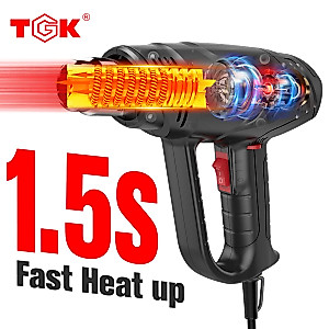 Heat Gun, TGK® 1800W Heavy Duty Hot Air Gun Kit 122℉~1202℉ Dual Temperature Settings with 6 Nozzle Attachments Overload Protection for Crafts, Shrink Wrapping/Tubing, Paint Removing, Epoxy Resin