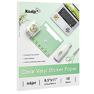 Koala Clear Sticker Paper for Inkjet Printer - Waterproof Clear Printable Vinyl Sticker Paper - 8.5x11 Inch 15 Sheets Transparent Glossy Sticker Paper for DIY Personalized Stickers, Labels, Decals