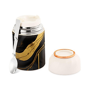 Marble Blue Black Gold Kids Womens Insulated Food Jar Container with Spoon 17oz/500ml Food Containers For Hot Stainless Steel Vacuum Leak Proof Food Containers for Keeps Food Hot