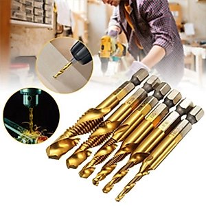 6Pcs 1/4" Hex Shank Screw Tap,M3-M10 Hss Spiral Thread Drill Bits, Coated Composite Drilling Screw Tapping Bits Tool Set Kit