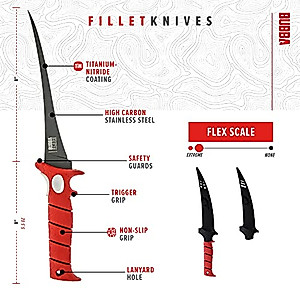 BUBBA 8 Inch Ultra Flex Tapered with Non-Slip Handle, Full Tang Stainless Steel Non-Stick Blade, Lanyard Hole and Synthetic Sheath for Fishing, Boating and Hunting