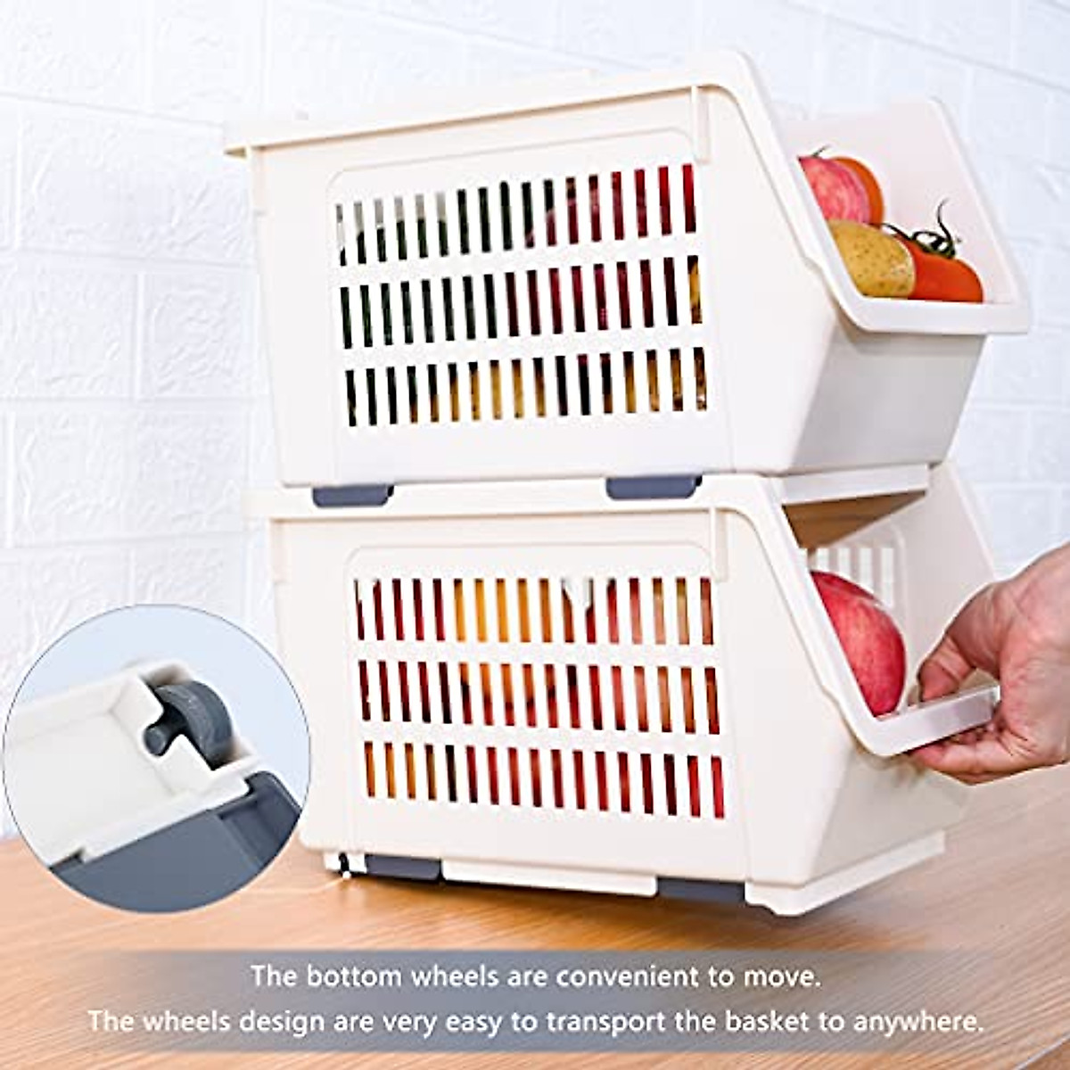 Baffect Pantry organizers, set of 3 Plastic Basket with rollers, Stackable Storage Bins for onions and potatoes (Beige)