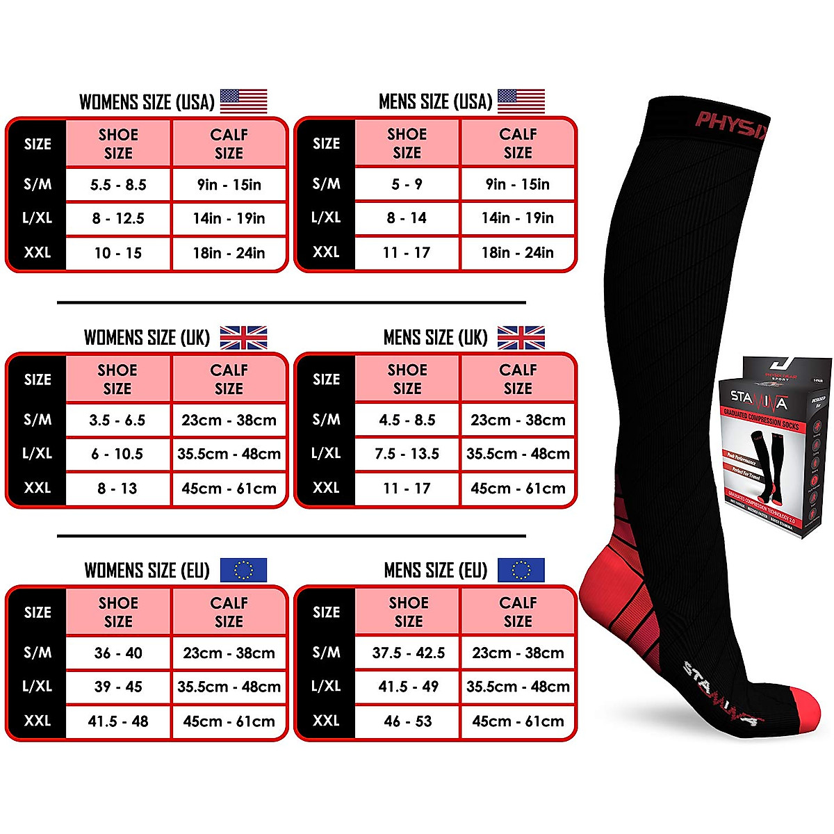 Physix Gear Compression Socks 20-30 mmHg - Men & Women - Running, Nurses, Shin Splints, Flight, Travel (BLACK / RED-S/M)