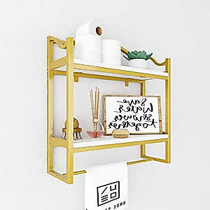 DR.IRON Gold Wall Bathroom Shelves with Towel Holder,Floating Bathroom Shelves Towel Rack for Bathroom Storage (2-Tier) (Gold Bracket & White Shelves)