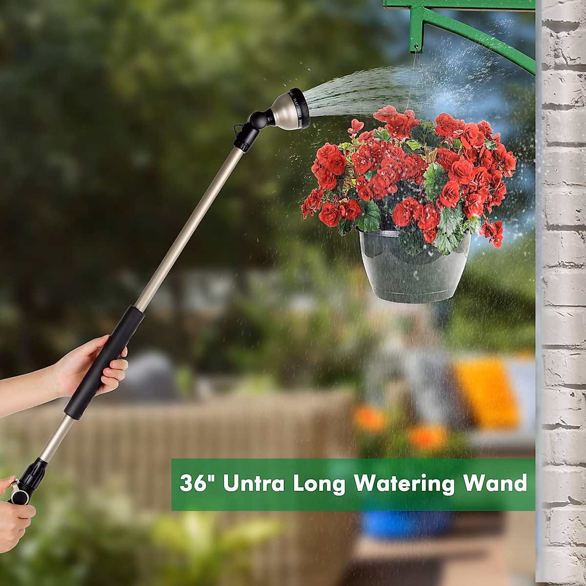 RESTMO 36” Long Watering Wand, Metal Garden Hose Wand with 180° Swivel Head and 10 Spray Patterns, 3ft Heavy Duty Hose Nozzle Sprayer with Thumb Flow Control, Ideal to Water Hanging Baskets, Shrubs