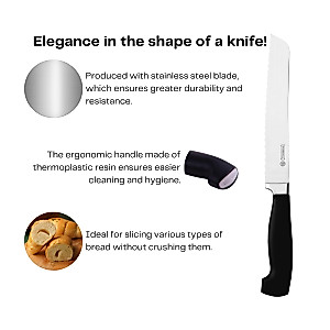 Mundial 8-inch Elegance Chef Kitchen Bread Knife, Sharp Serrated Stainless-Steel Razor Blade, with Protective Plastic Sleeve (Hercules 6621-8)