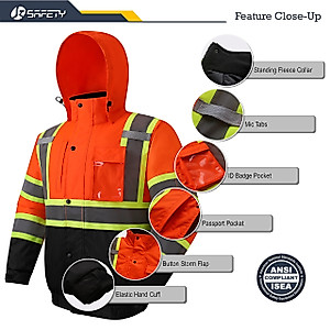 JKSafety Hi-Vis Winter Safety Bomber Jacket for men and women | Winter Safety Jacket Durable and Waterproof | Construction Work Jacket for Winter | Cold Weather PPE | ANSI Class 3 (116-OBlk L)