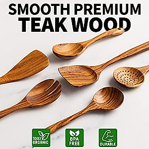 Zulay Kitchen 6 Piece Wooden Spoons for Cooking - Smooth Finish Teak Wooden Utensils for Cooking - Soft Comfortable Grip Wood Spoons for Cooking - Non-Stick Wooden Cooking Utensils - Wooden Spoon Sets