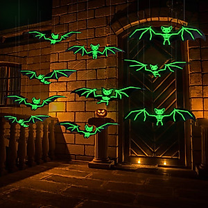 DIYASY Haning Bats Halloween Decor, 12 Pcs Large Glow Bats Wall Decorations for Outside 3D Plastic Flying Bat Light up Bats House Decorative Decals for Home Outdoor Window