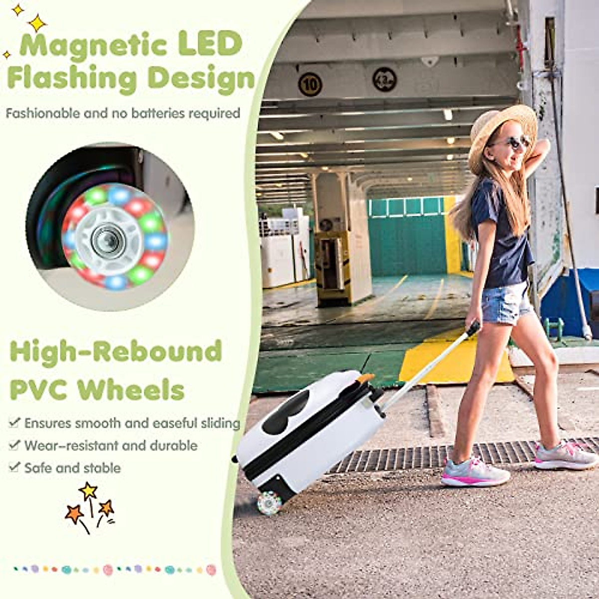 Goplus Kids Luggage, 16’’ Carry on Suitcase with LED Wheels, Waterproof Hard Shell, Lightweight Rolling Luggage for Travel, Birthday Christmas Gifts for Toddlers, Children, Boys, Girls (Black,White)