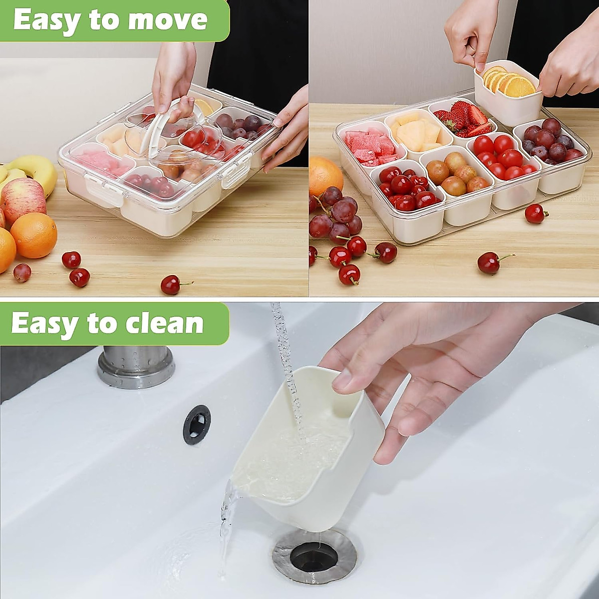 Rtuokad Divided Serving Tray with Lid and Handle,Snack Platters, Protable Snack Box Container for Sweets, Candy, Veggie, Biscuit, Nuts, Fruit, Easy to Carry and Wash (8 Organisers)