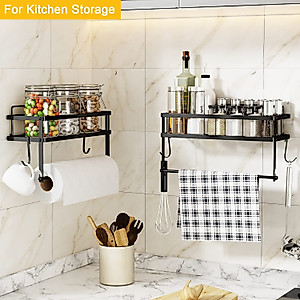 ESOW Paper Towel Holder with Shelf Storage, Adhesive Wall Mount 2-in-1 Basket Organizer for Kitchen & Bathroom, Durable Metal Wire Design, Stainless Steel 304 Matte Black Finish