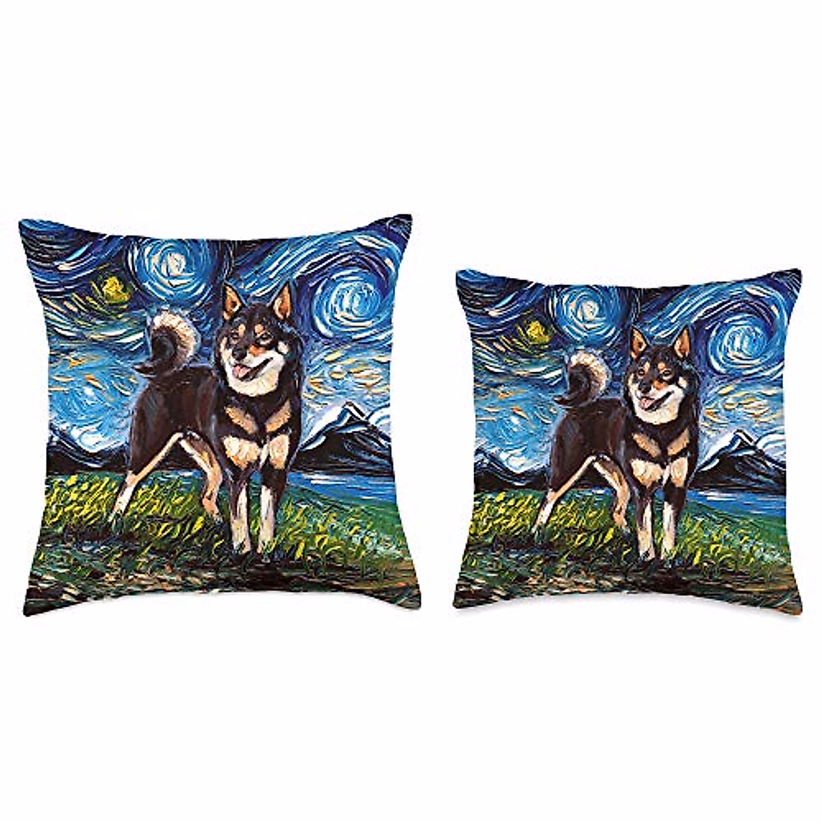 Sagittarius Gallery Black and Tan Shiba Inu Starry Night Cute Dog Art by Aja Throw Pillow, 16x16, Multicolor