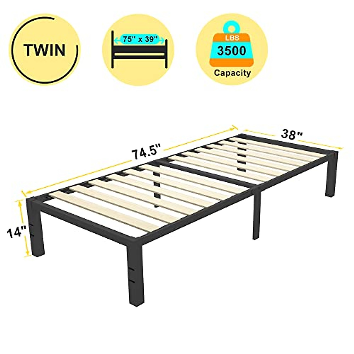ROIL 14 inch Twin Size Bed Frames with Wide Wood Slats - 3500lbs Heavy Duty No Box Spring Needed Platform, Mattress Stoppers Single Metal Noise Free Bedframe with Headboard Hole Underneath Storage