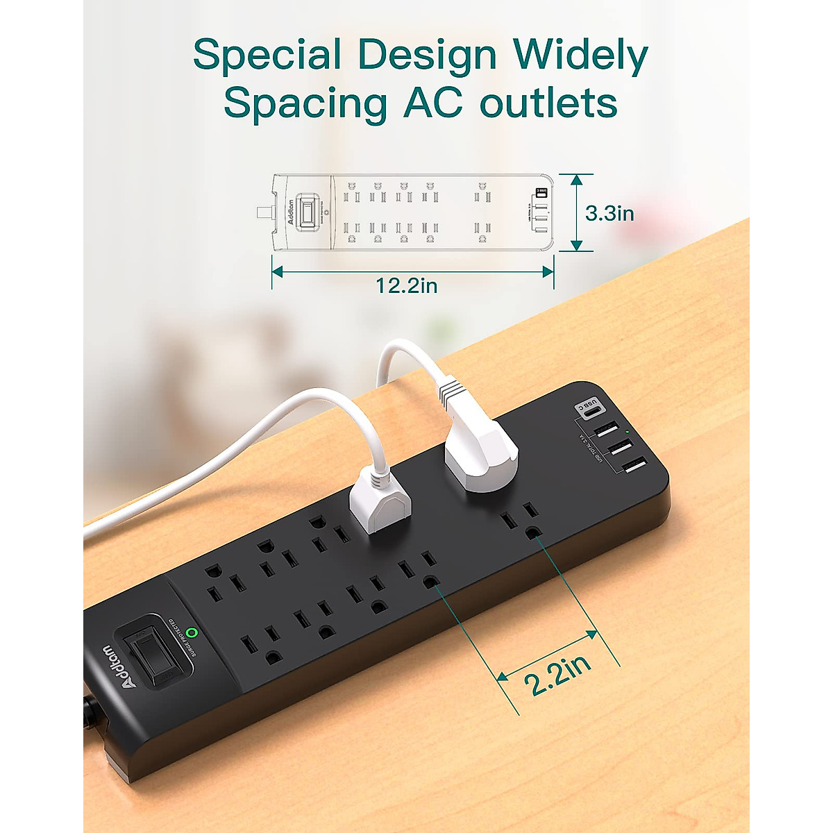 Black USB Wall Charger Surge Protector, 5 Outlet Extender with 4 USB Charging Ports (1 USB C) & Power Strip Surge Protector with 10 Outlets and 4 USB Ports