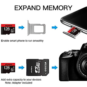 NexiGo 128GB Micro SD Card with Adapter, Ultra MicroSDXC UHS-I Memory Card, V10, A1, up to 100MB/s, Full HD, High-Speed Flash TF Card for Nintendo-Switch Smartphone Tablet PC Drone Camera