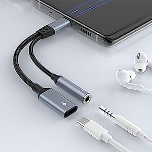 USB Type C to 3.5mm Headphone and Charger Adapter, 2-in-1 USB C PD 60W Charging Port to Aux Audio Jack and Fast Charging Dongle Cable Cord Compatible with iPhone 15 Galaxy S23 Ultra S22 S21 Google
