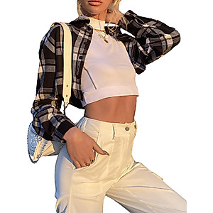 Floerns Women's Long Sleeve Collar Button Down Plaid Crop Top Blouse Black and White M