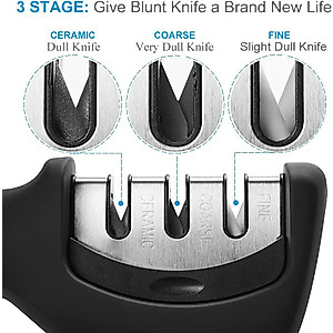 Daailoktau 3-in-1 Knife Sharpener, 3 Stage Manual Sharpener for Sharpening Kitchen Knives - Ceramic Stone, Tungsten Carbide Plates, Diamond rods. Ergonomic Design, Black/Chrome Finish