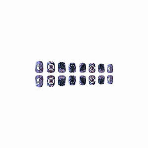GGDECA Halloween Square Fake Nails Short Press on Nails Purple Glue on Nails Bat Ghost Love Eyeball Halloween Designs False Nails Acrylic Glossy Nails for Women Halloween Halloween Manicure Art 24Pcs
