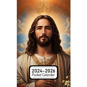 Pocket Calendar 2024-2026: Two-Year Monthly Planner for Purse , 36 Months from January 2024 to December 2026 | Jesus | Heaven background | Intricate face