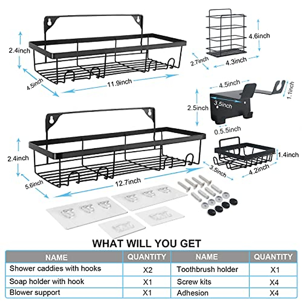 YULIFST 5Pack Shower Caddy Shower Shelves Shelf with Hooks Storage Rack Organizer Stainless Steel Caddy with Hairdryer Holder Soap Holder and Toothbrush Holder for Bathroom, Washroom, Kitchen (Black)