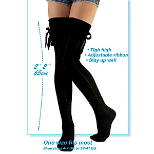 Molton Marley 2 Pack Long Over The Knee Thigh High Long Socks, Ribbon, Cotton Knit, Girls' and Women's, Made in Europe (Vanilla, Black)