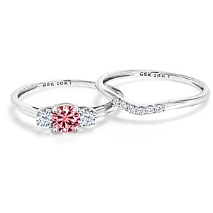 Gem Stone King 10K White Gold Pink Moissanite and White Created Sapphire and White Lab Grown Diamond 3-Stone Bridal Engagement Wedding Ring Set For Women (0.80 Cttw, Gemstone, Round 5MM, Size 6)