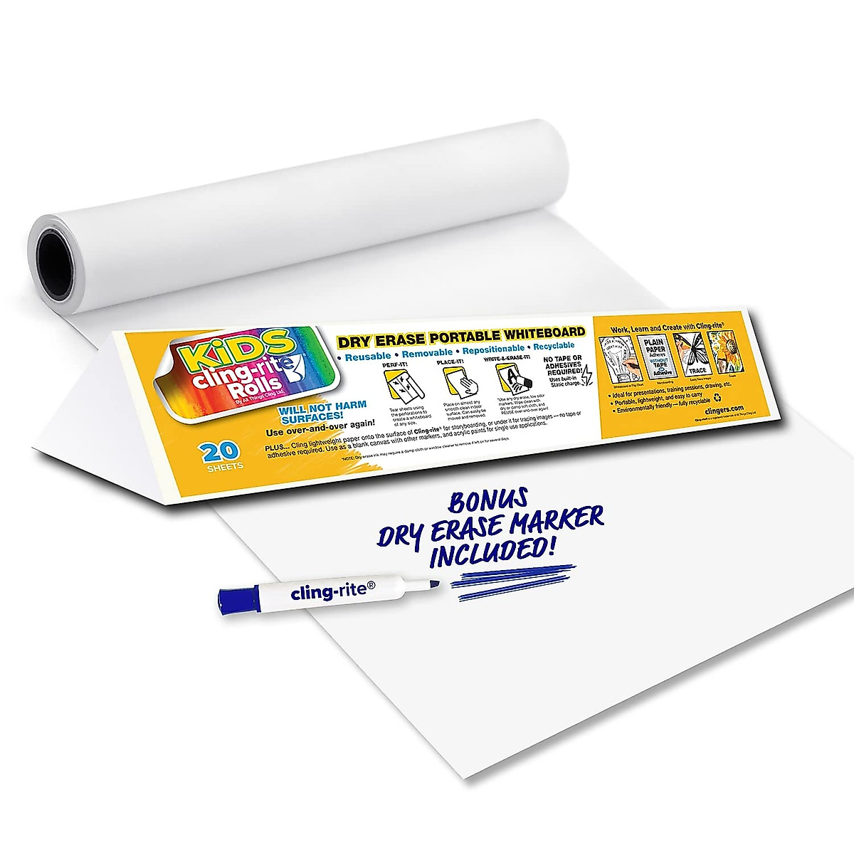 Clingers Dry Erase Kids Cling-rite Rolls, Portable Whiteboard, 50' ft roll, Sheet Size 20x30 for Kids Drawing and Planning, School, Arts and Crafts with 20 White Sheets and Bonus Dry Erase Marker