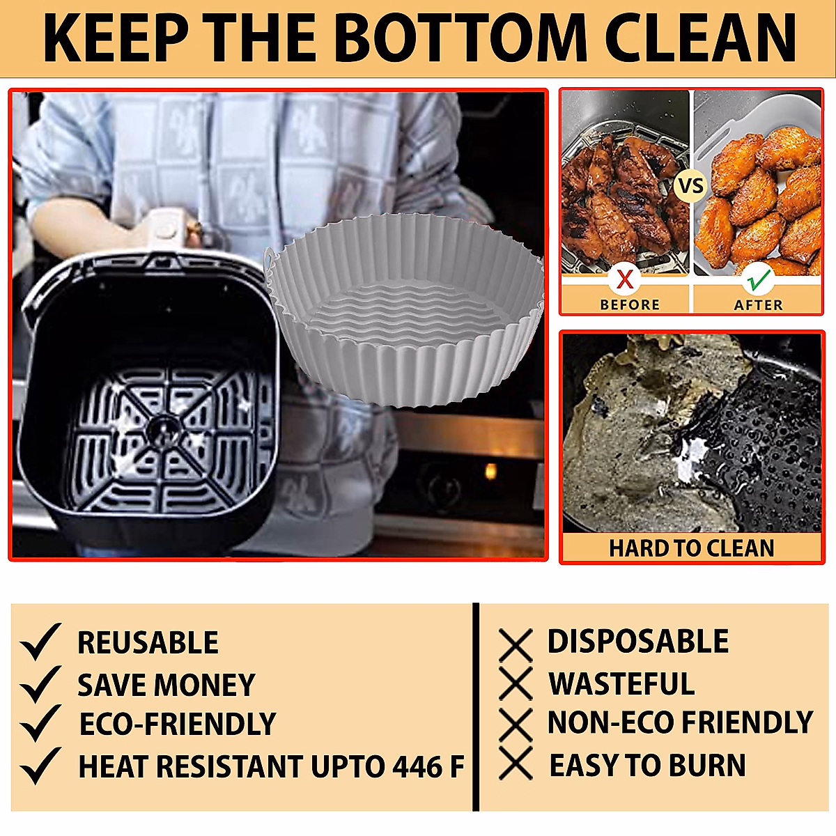 2 Pack Square and Round Air Fryer Silicone Liners | Silicone Air Fryer Liners Pot 2 to 5 QT Replacement of Parchment Paper Liners, Non-Stick, Food Grade, Oven Accessories Reusable Liners Pink + Grey