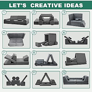 DoCred Kids Couch Play Set, 10PCS Modular Kids Sofa Couch, Kids Fort Couch Bedroom and Playroom Furniture for Toddlers, Convertible Foam Floor Cushion, Grey