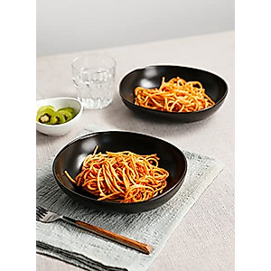 Teocera Wide and Shallow Porcelain Salad and Pasta Bowls Set of 6-24 Ounce Microwave and Dishwasher Safe Serving Dishes, Matte Black