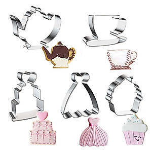 Tea Cookie Cutter Set, 5 Pieces Teapot Teacup Cookie Cutters Kit Stainless Steel Metal Cupcake and Princess Dress Molds Cutters for Tea Party Cake Decorations