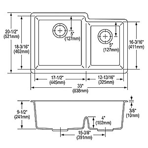 Elkay Quartz Classic ELGULBO3322BK0 Black Offset 60/40 Double Bowl Undermount Sink with Aqua Divide