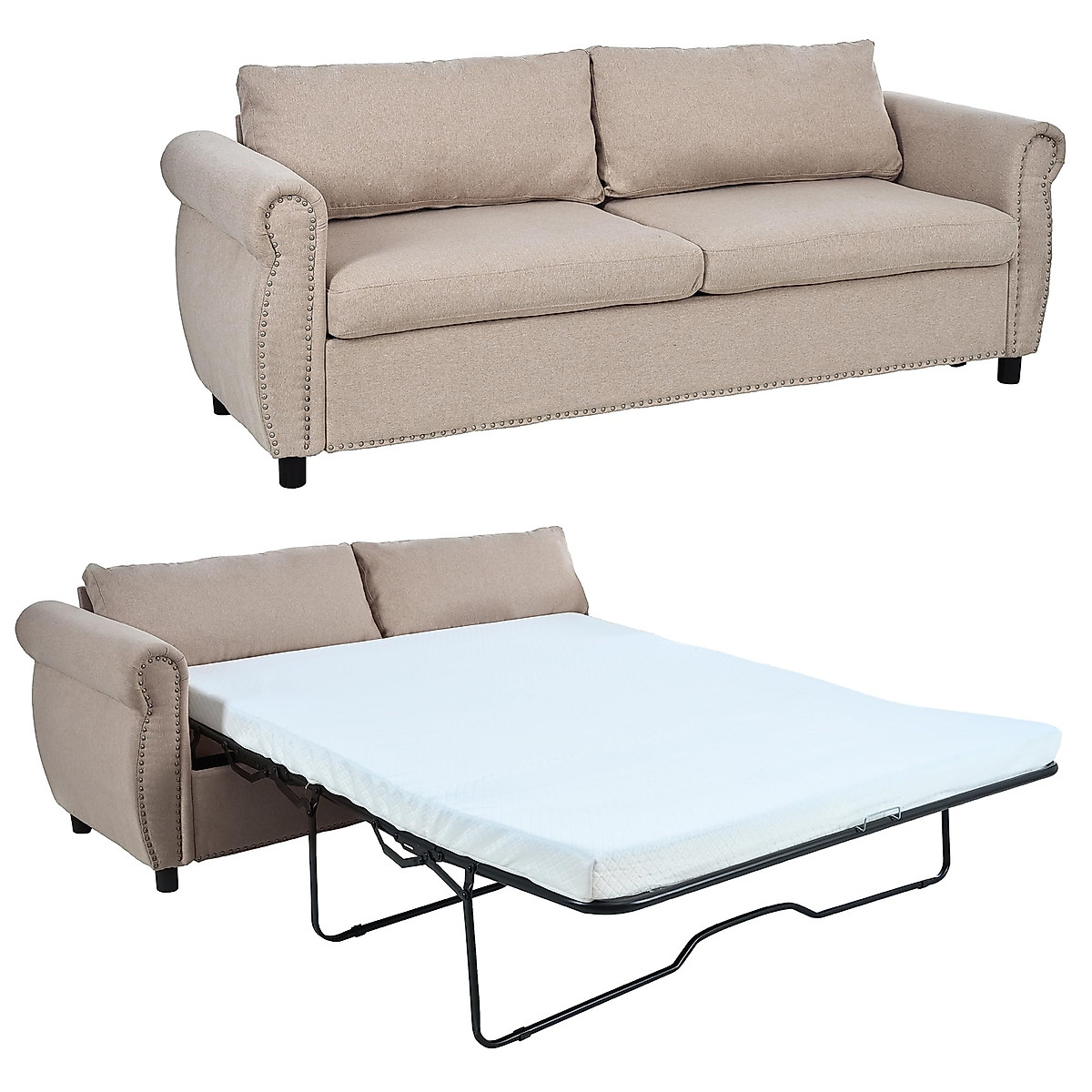 Merax Pull Out Sofa Bed, Queen Sleeper Couch with Memory Foam Mattress, Folding 2-in-1 Design, for Living Room, Guest Bedroom, Office, Beige