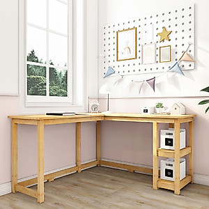 Max & Lily L Shaped Desk, Corner Desk for Home Office, Gaming, Computer with Storage Shelves, 55 x 55 Inches, Natural