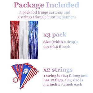 Yzurbu Red White & Blue Decorations, 3 Pack Tinsel Foil Fringe Backdrop Curtains and 2 Pack USA Flag Triangle Pennant Banner for 4th of July, Memorial Day, Labor Day, Patriotic Party