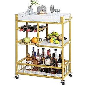 Azheruol Bar Cart 3 Tiers Removable Storage Tray with Wine Rack & Basket Tier,Rolling Beverage Cart,Mobile Bar Serving Cart with Handle, White Marble Wood and Gold Frame Home Kitchen Shelf for Party