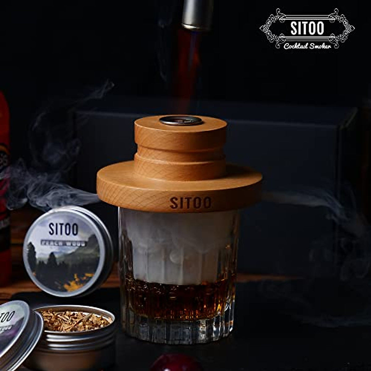 SITOO Cocktail Smoker, Old Fashioned Whiskey Smoker Kit w/ 4 Wood Shavings,Cocktail Smoker Kit for Cocktails, Meat, Whiskey, Desserts