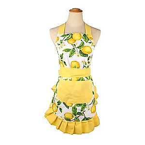 Thick Lemon Cotton Women's Kitchen Apron Adjustable Cooking Baking Garden Chef Apron with Pocket (Vintage style)