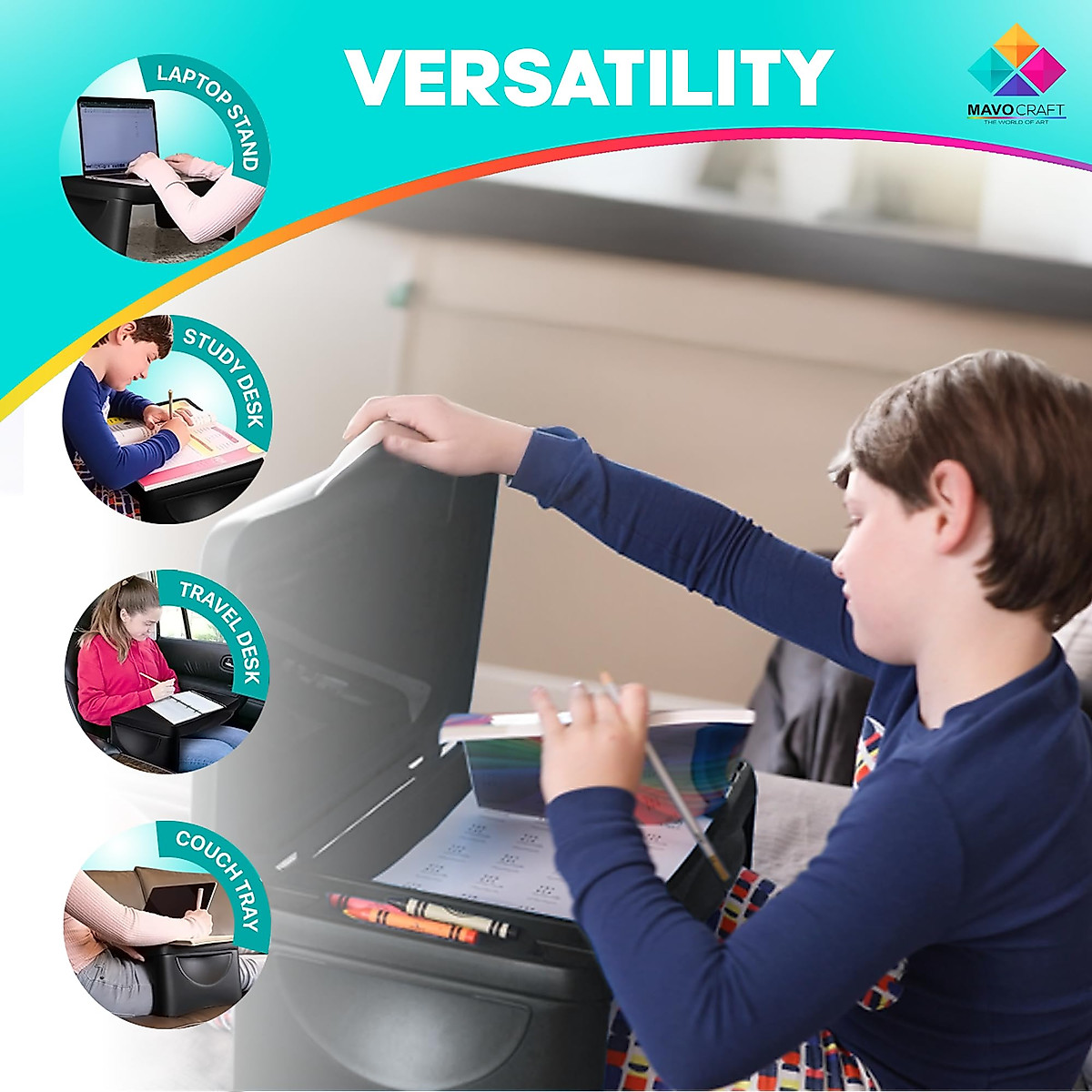 Folding Lap Desk, Laptop Desk, Breakfast Table, Bed Table, Serving Tray - The lapdesk Contains Extra Storage Space and dividers & Folds Very Easy, Great for Kids, Adults, Boys, Girls (Black)