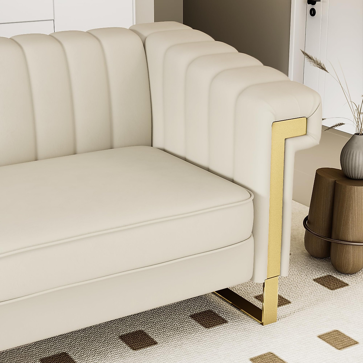 Moxoq Chesterfield Velvet Sofa for Living Room with Gold Metal Legs, 83.86" Mid-Century Modern Luxury Sofa for Bedroom Apartment Office (Beige)