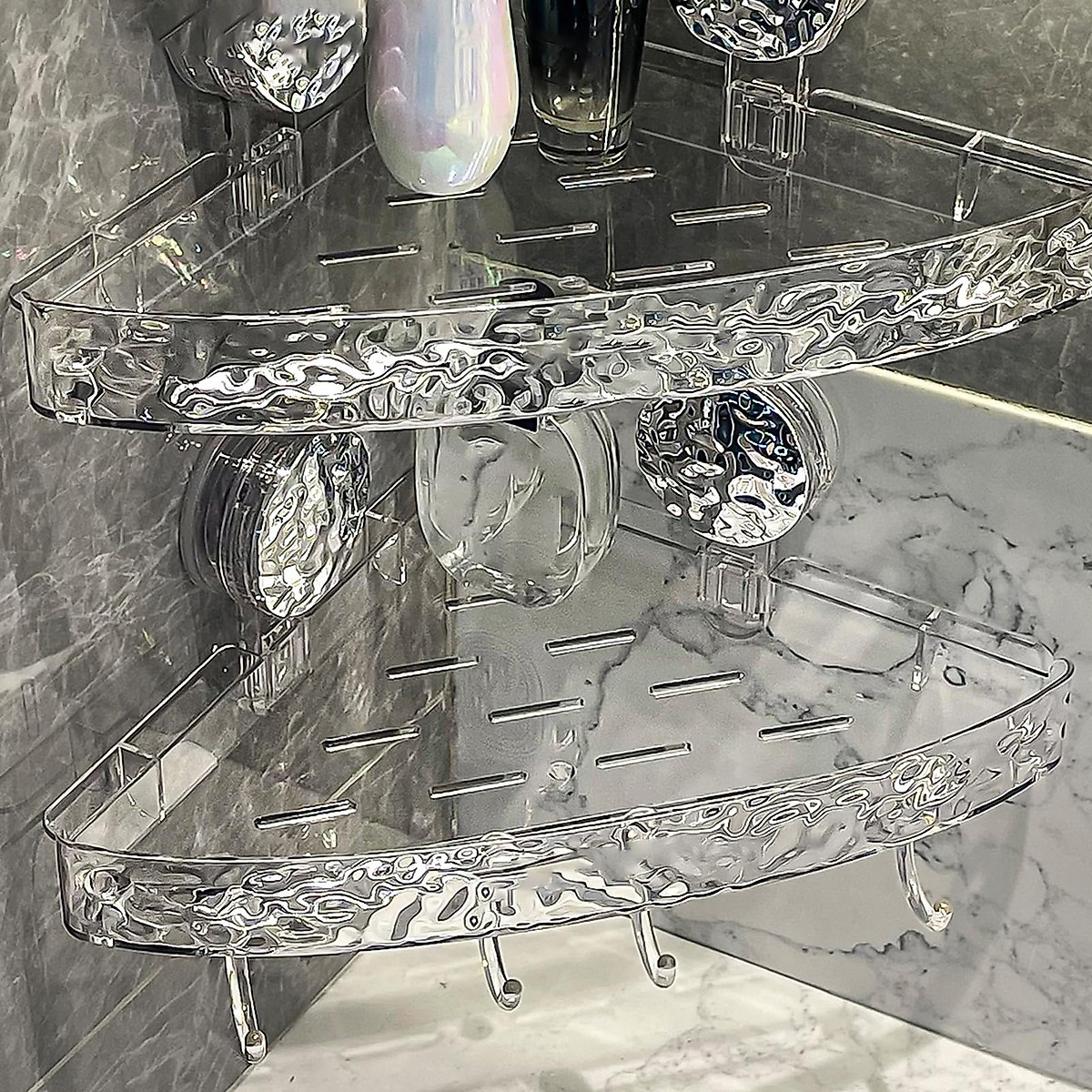ulafbwur Corner Shower Caddy, Adhesive Shower Organizers, Bathroom Triangle Storage Shelf, Strong Load-Bearing Detachable Simple Installation Hollow Shower Shelves Storage Clear