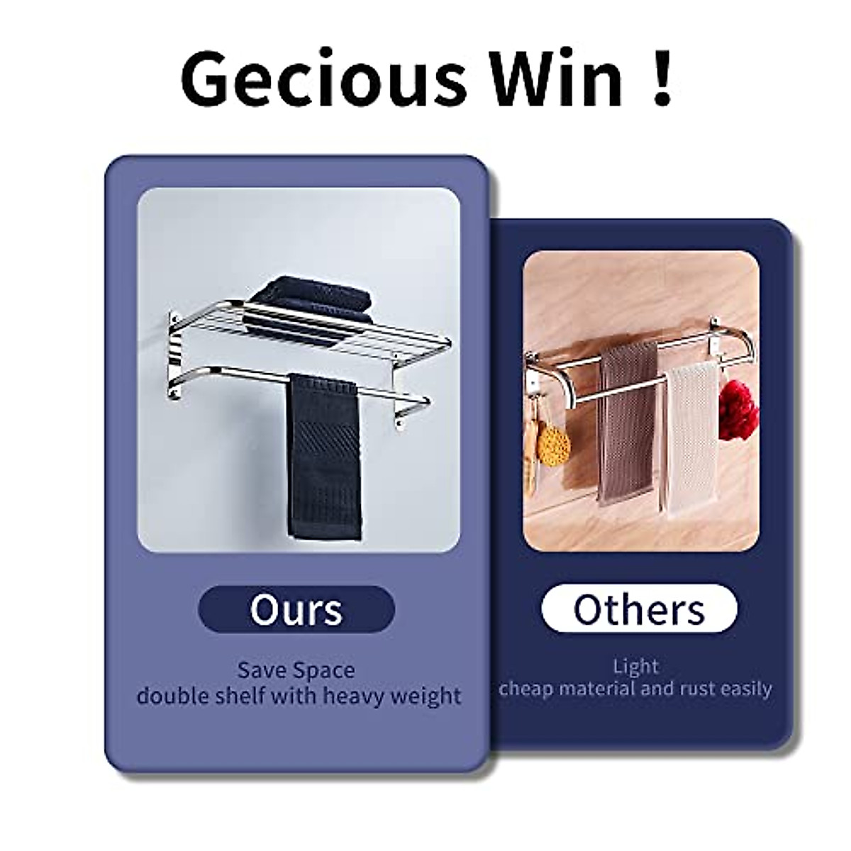 Gecious 25 in Bathroom Towel Rack with Shelf for Wall Polish Chrome Towel Bars and Double Towel Hooks Wall Mount Towel Holder Hotel Style